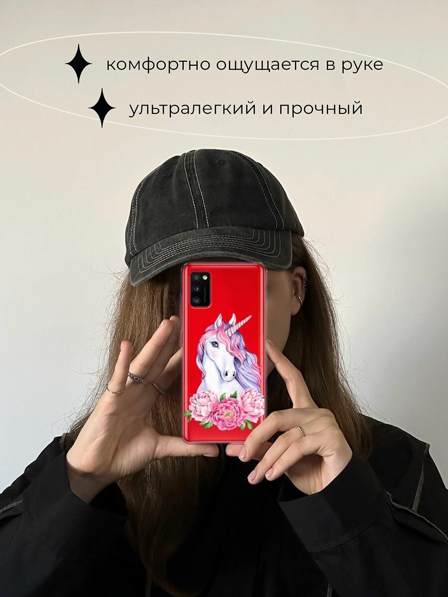 Чехол на Samsung Galaxy A41 / Самсунг Галакси А41 с принтом "Единорог с пионами", прозрачный — фото 1