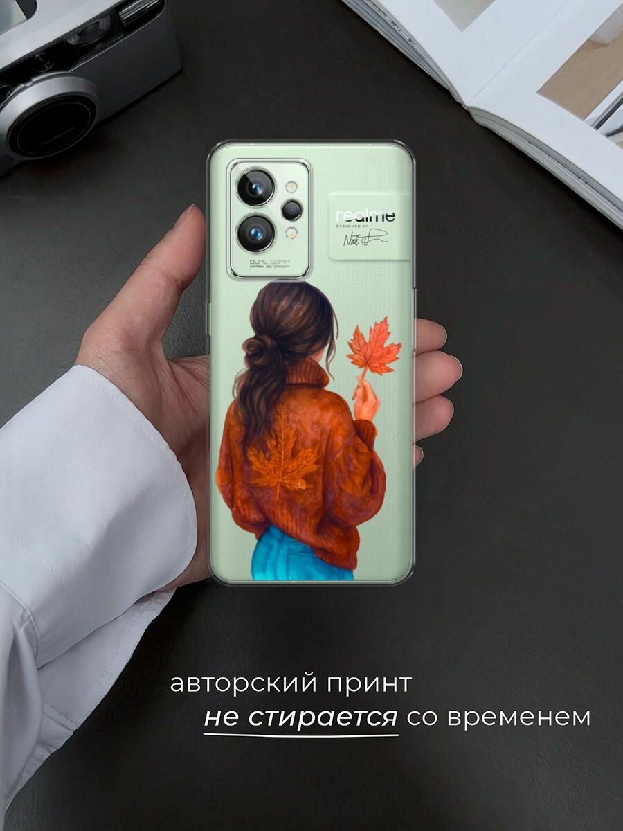Чехол на Realme GT 2 Pro / Реалми GT 2 Про с принтом "Девушка с опавшим листом", прозрачный — фото 1