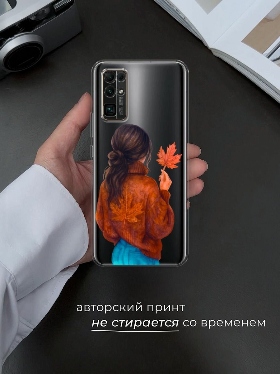 Чехол на Honor 30 / Хонор 30 с принтом "Девушка с опавшим листом", прозрачный — фото 1