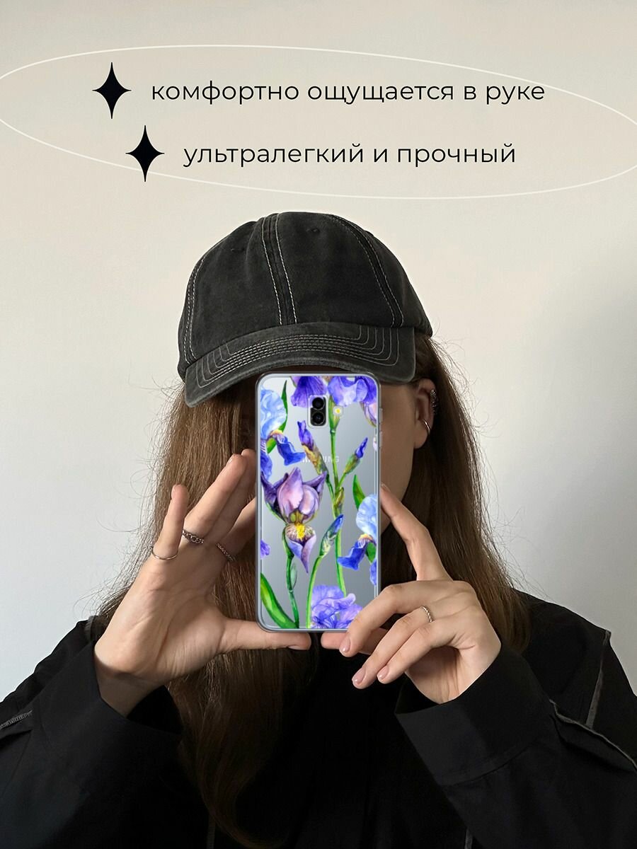 Чехол на Samsung Galaxy J6 + / Самсунг Галакси J6 Плюс 2018 с принтом "Синие ирисы", прозрачный — фото 1