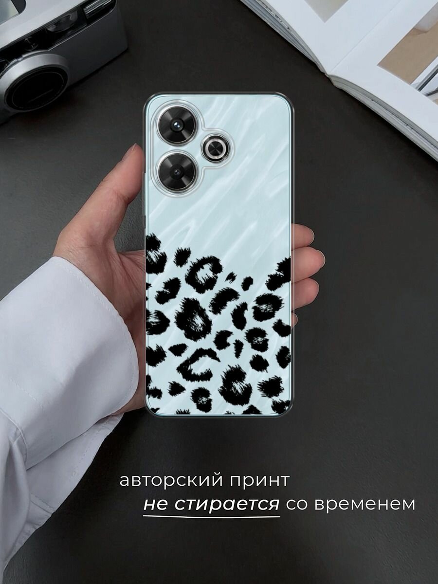 Чехол на Xiaomi Redmi Note 13R/Redmi 13/Poco M6 4G/M6 Plus с принтом "Окрас леопарда фон черный", прозрачный — фото 1