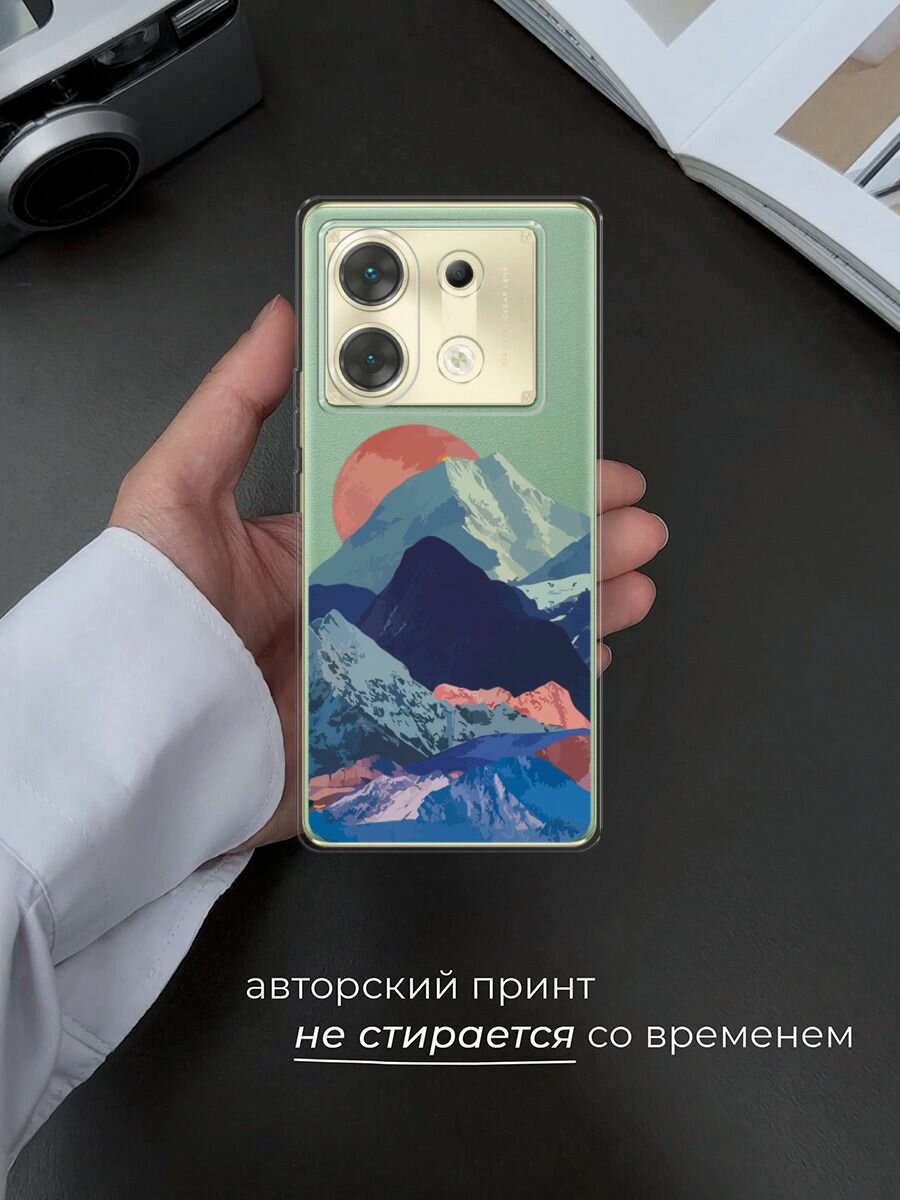 Чехол на Infinix Zero 30 5G / Инфиникс Зеро 30 5G с принтом "Закат в снежных горах", прозрачный — фото 1