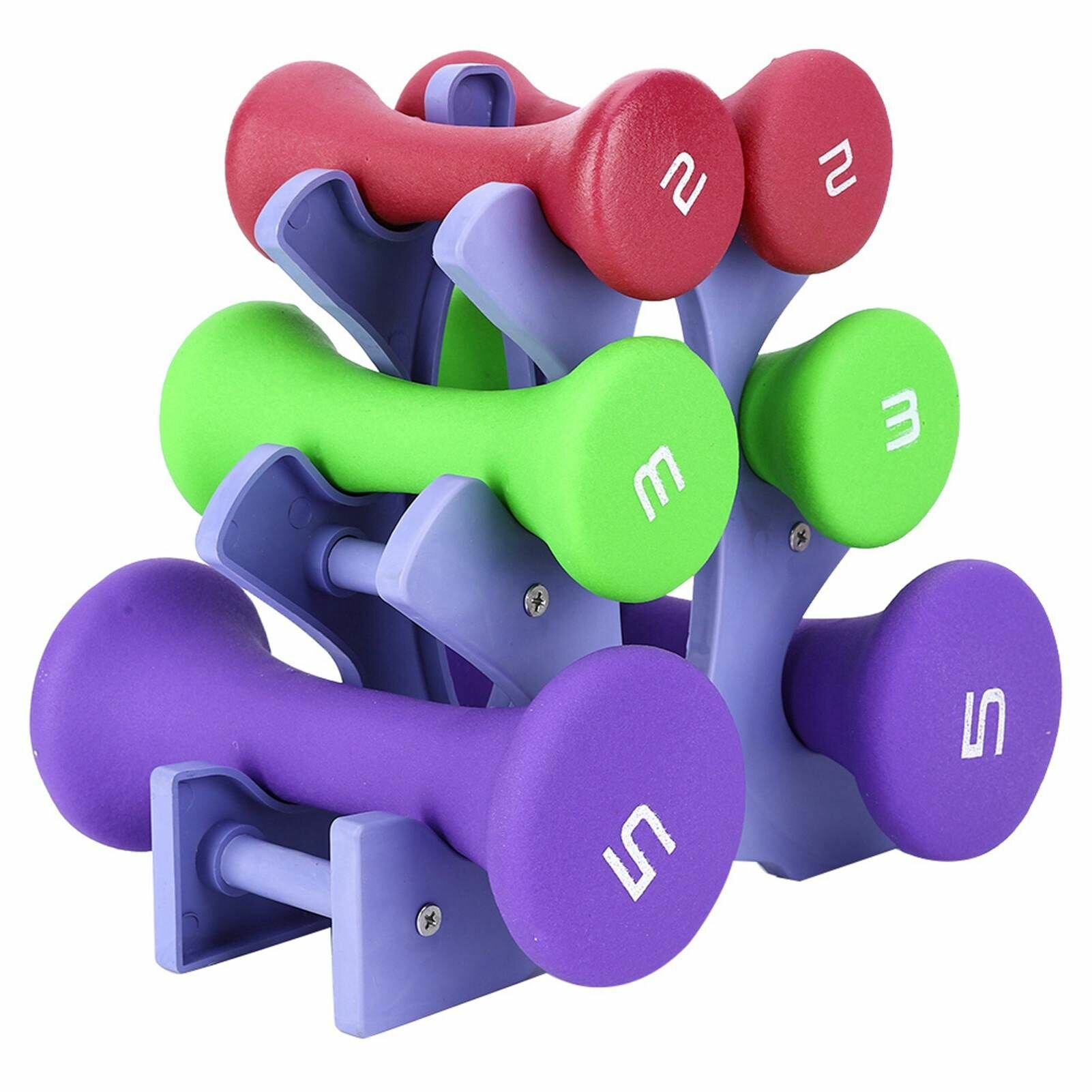Набор из 6 гантелей для фитнеса с держателем и стойкой, 2 фунта, 3 фунта, 5 фунтов, для бодибилдинга, силовых тренировок и тренажеров