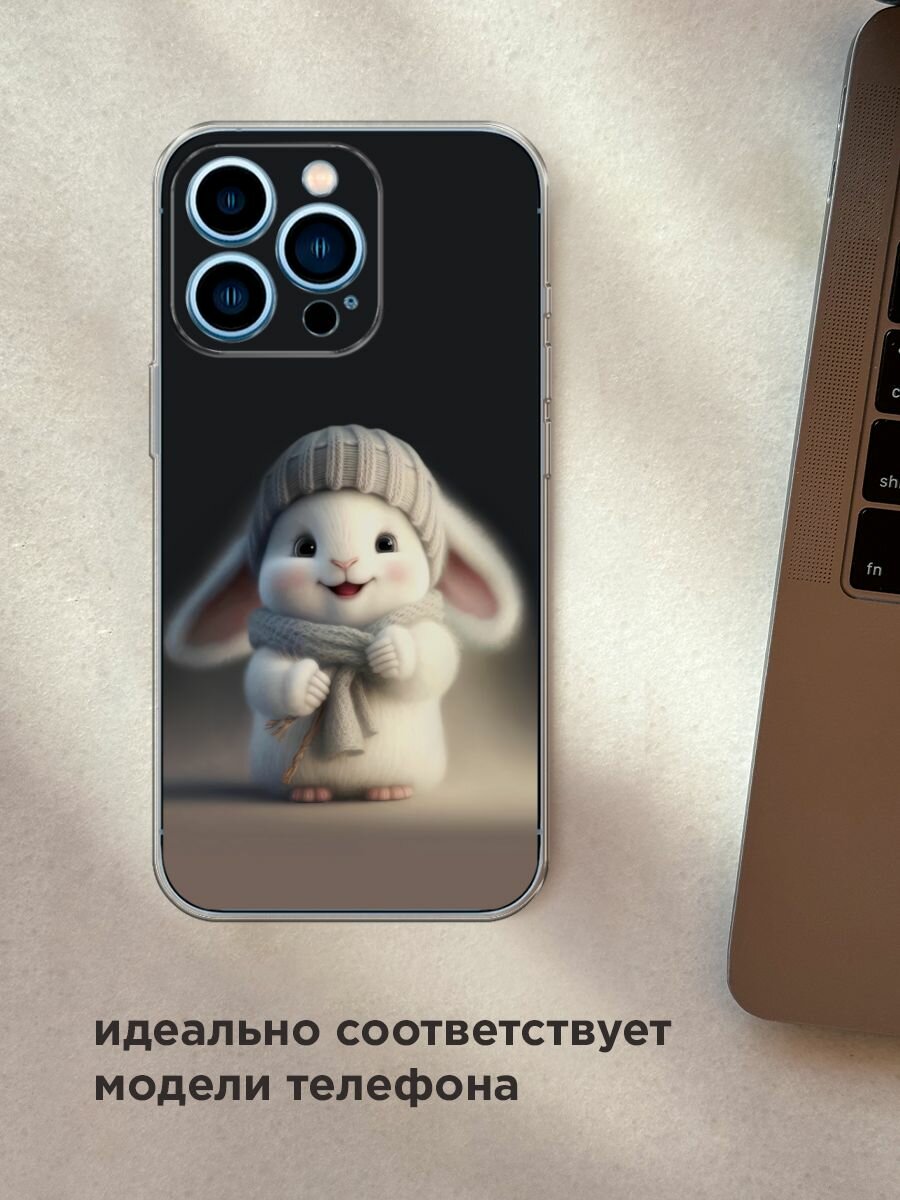 Чехол на Apple iPhone 13 Pro / Айфон 13 Про с принтом "Белый крольчонок в шапке" — фото 1