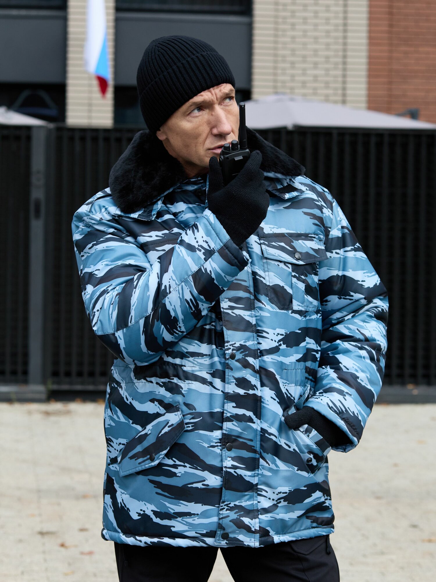 Куртка зимняя мужская Охрана серый камыш с меховым воротом