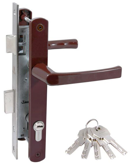 Замок врезной с ручкой узкопрофильный булат корич м/о 85мм ЦМ МАХ 80мм ключ/ключ