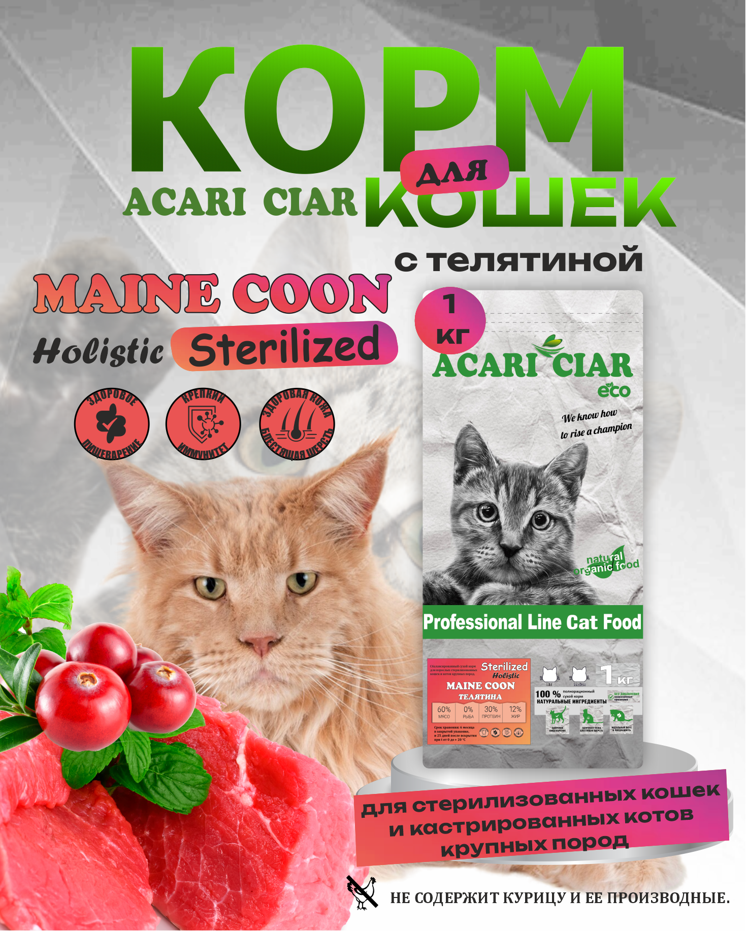 Сухой корм для кошек Acari Ciar Vet A Cat Holistic Sterilized Beef 1 кг Main-Coon гранула