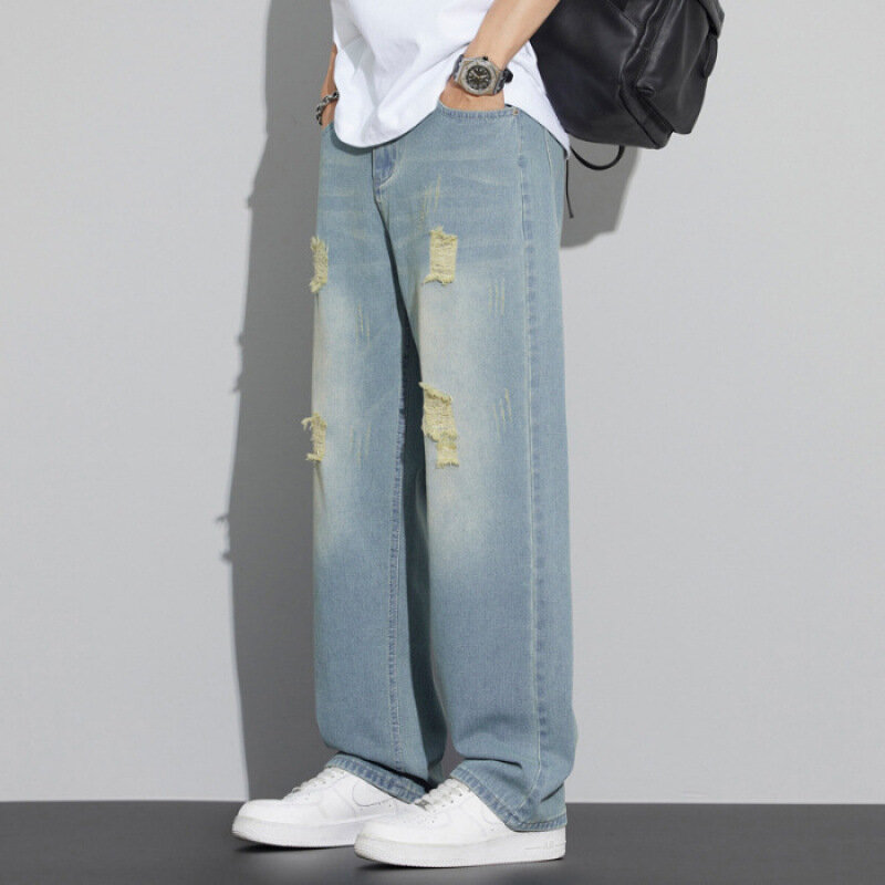 Охоты Брюки JYL Американские ретро стирка состаренные рваные джинсы мужские широкие прямые повседневные