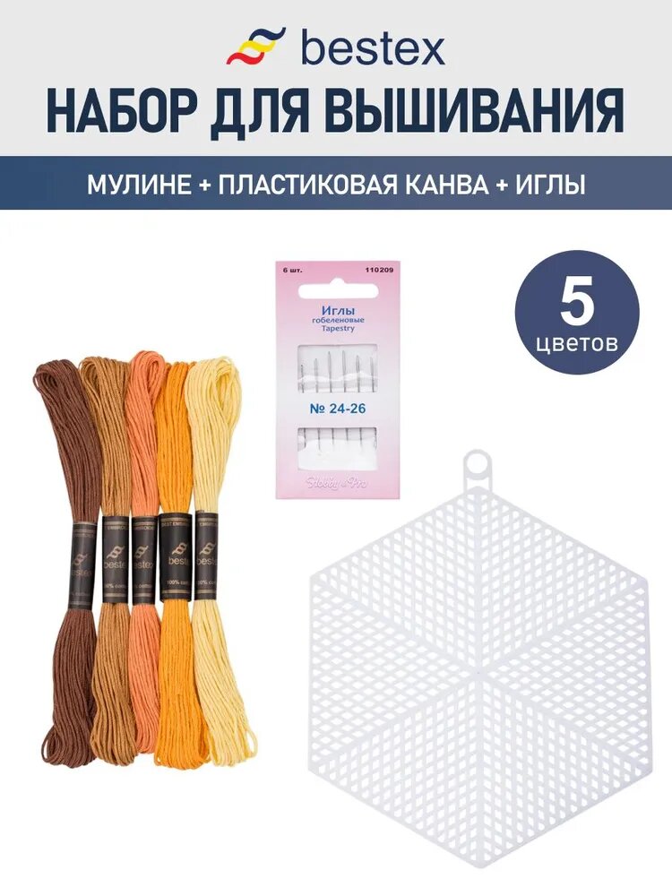 Набор для вышивания с пластиковой канвой 'шестиугольник', 14*12см, иглами и 5 цв. мулине №2, Bestex