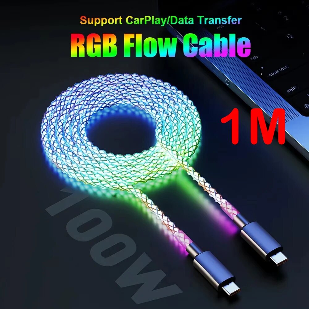 2 М Кабель Для Быстрой Зарядки Данных 66 Вт Type-C RGB Градиентный Дышащий С USB A to Type-C, 1M