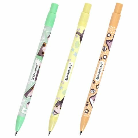 24 шт. Карандаш механический цанговый 2 мм, с принтом кросс-серия милые коты, BRAUBERG, HB, встроенная точилка, корпус ассорти, 182108