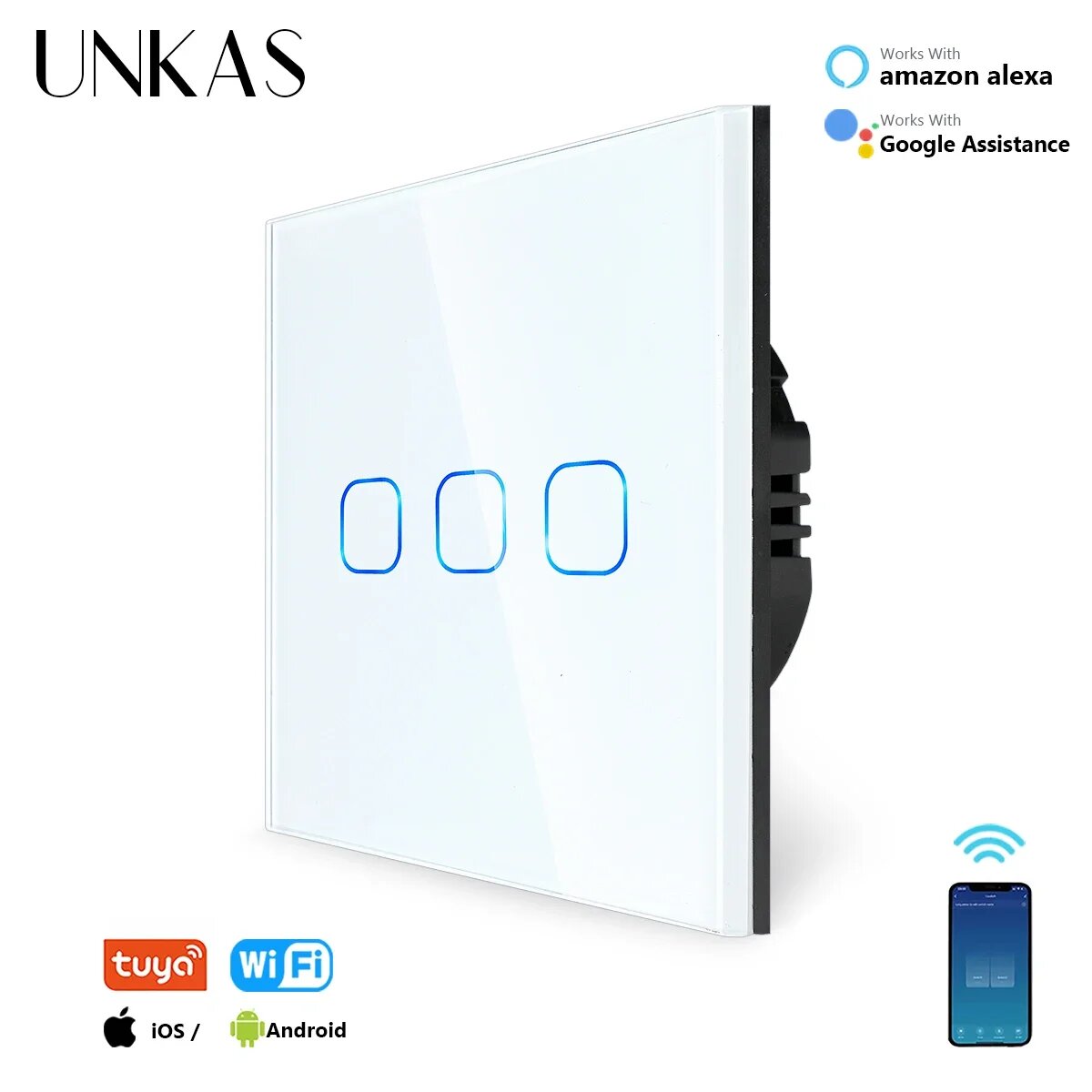 Умные переключатели UNKAS Wi-Fi 1/2/3 Gang WIFI White 3 Gang