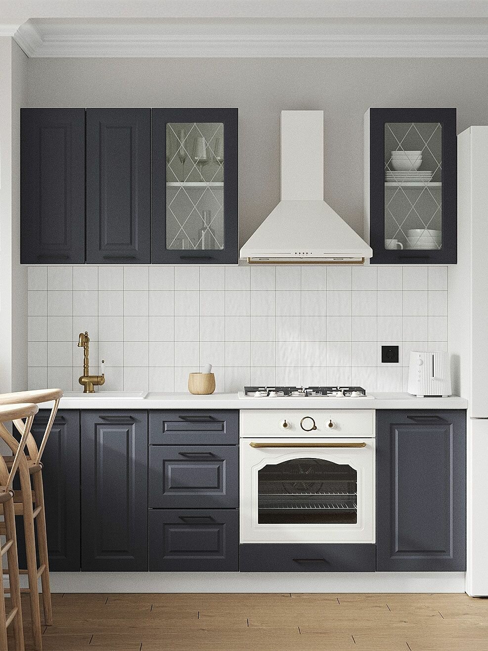 Кухонный гарнитур Шервуд 2 м, мебель для дома и кухни, Белый / Шато индиго со стеклом