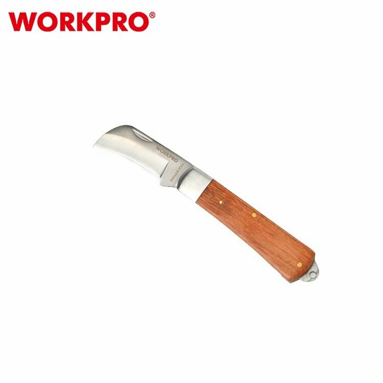 Нож электрика 120х45х10мм с изогнутым лезвием, дерев. рукоятка WORKPRO