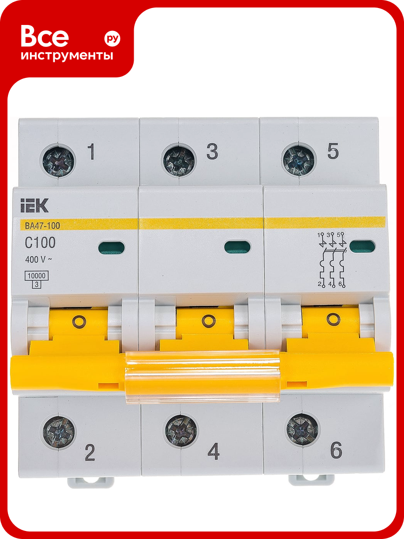 Автоматический модульный выключатель IEK 3п C 100А ВА 47-100 10кА ИЭК MVA40-3-100-C для распределения потоков жидкостей