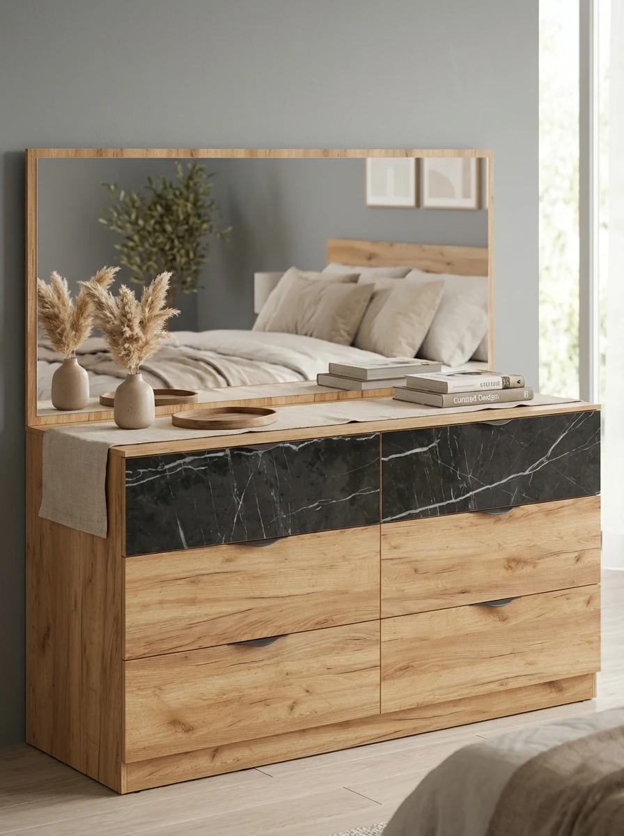 Комод для одежды деревянный Аравия-Шелли, 6 ящиков, 170х54.6х158.4 см, Дуб золотой/Камень Пьетра черный глянец, SL