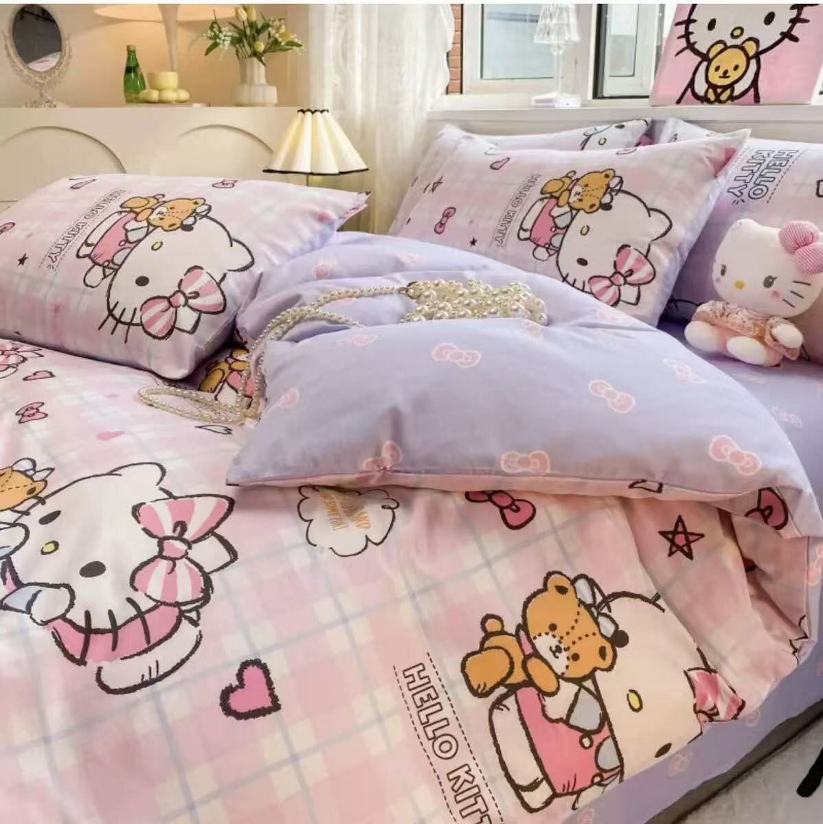 Комплект постельного белья MINISO Hello Kitty розовый 220x260cm 3PCS, Черный