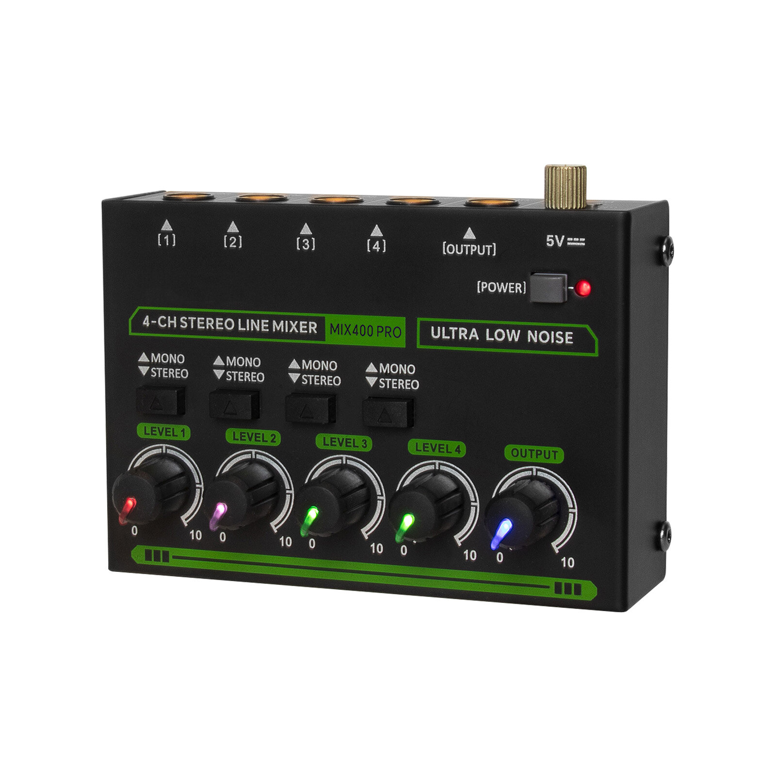 Миксер аудио Mini 4-канальный со стерео-моно переключением, вход 6.35mm TRS/TS, Type-C DC 5V, процессор аудио, ультранизкий шум, независимые ручки регулировки громкости, металлическая оболочка, черный цвет, размер 11*7.5*3.2cm, для гитары, баса, сцены, 1