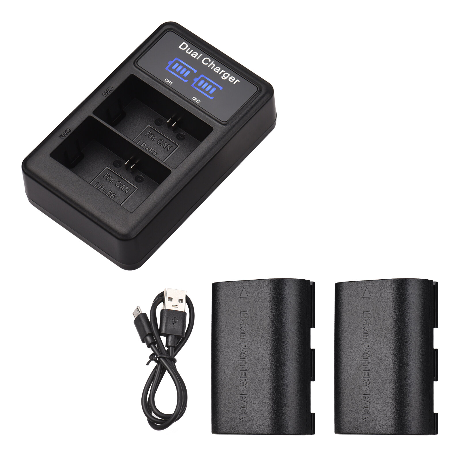 Набор батарей LP-E6/ E6N и зарядного устройства: 2 батарейки 7.4V 2650mAh + 1 зарядное устройство LED2-LPE6 двухканальное для камеры с USB-портом и LCD-дисплеем, замена для Canon 5D Mark II/III/IV 6D 7D 60D 70D 80D