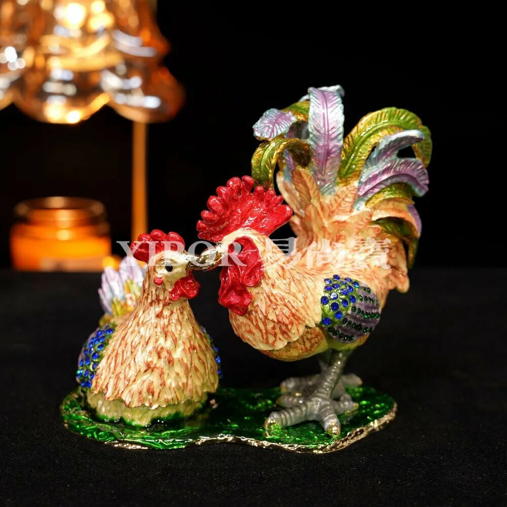 Эмалевая шкатулка для украшений, Петух и курочка , Фермерский стиль,12*8*10.5 см