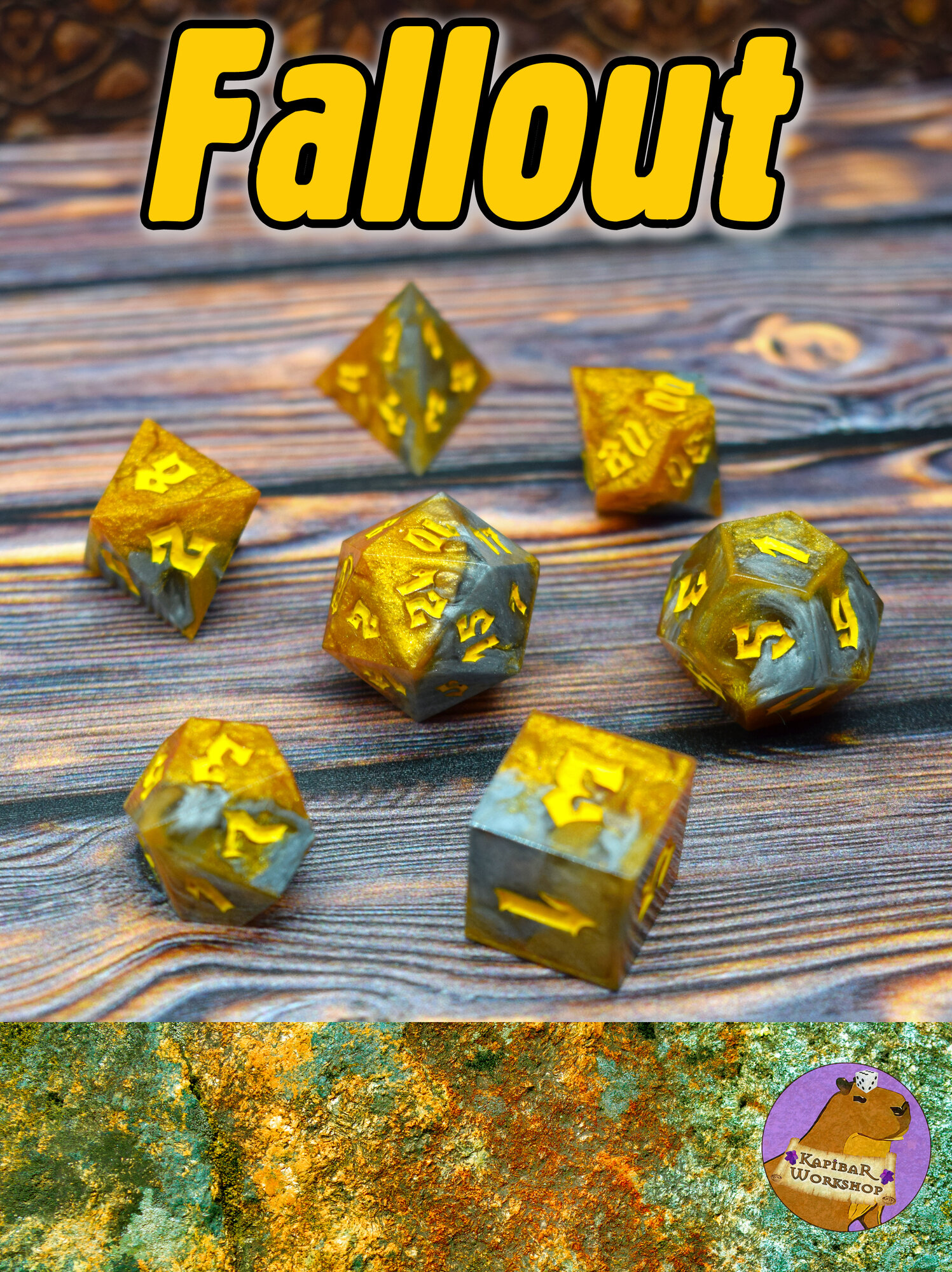 Fallout Дайсы для ДнД, кости, кубики, ручной работы (DnD, Dungeons and Dragons, Pathfinder, Call of Cthulhu, RPG) (набор 7шт)