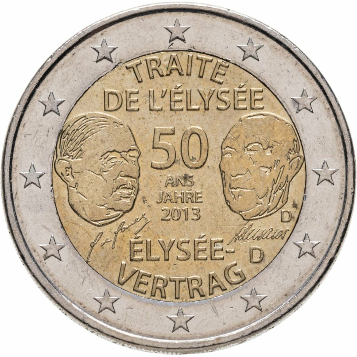 Германия 2 евро 2013 D "50 лет Елисейскому договору о франко-германской дружбе", Биметалл, в сохранности AU