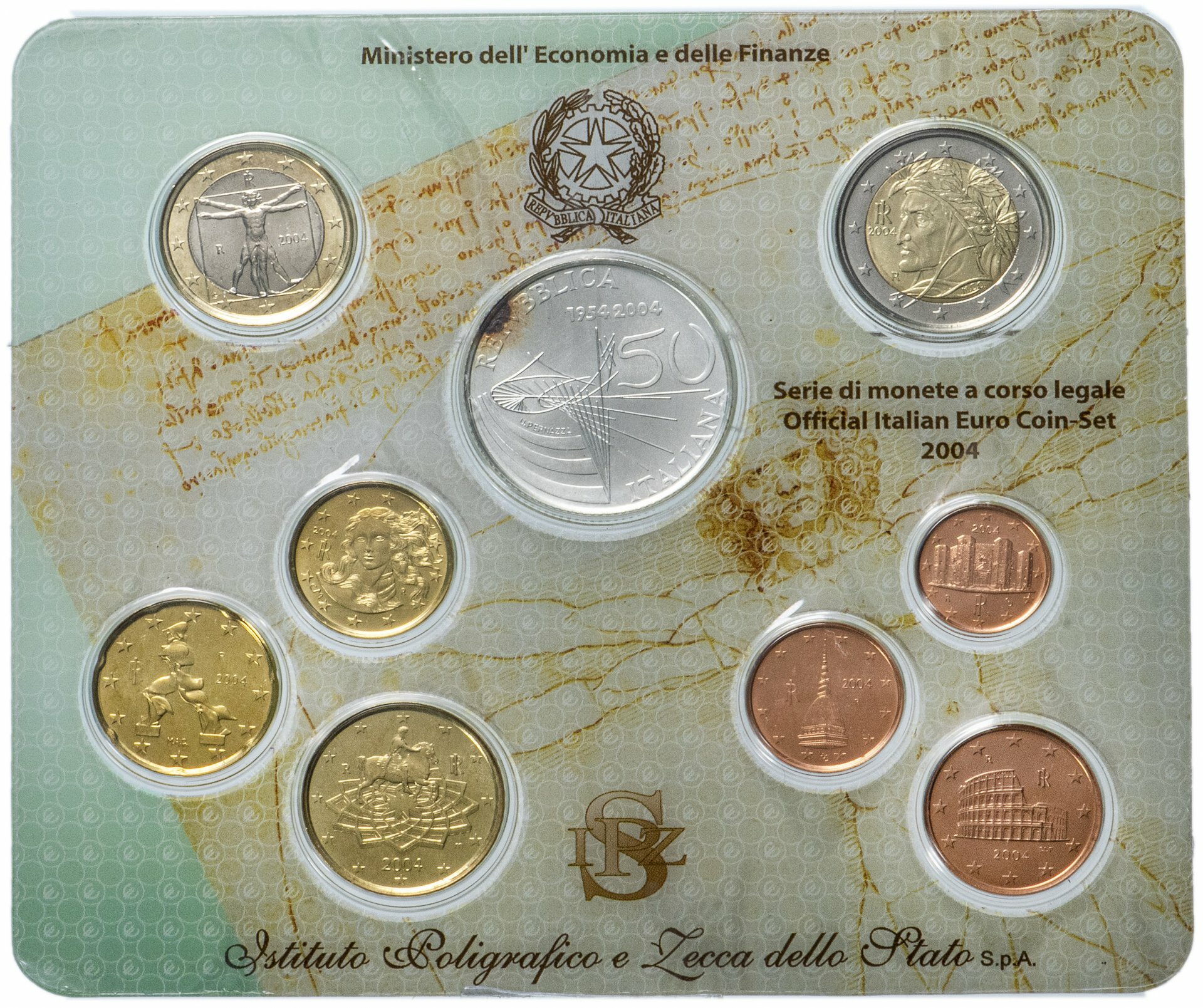 Италия 2004 официальный годовой набор евро из 9 монет с серебряной монетой 5 евро в буклете "50 лет телевидению в Италии", Биметалл, в сохранности UNC