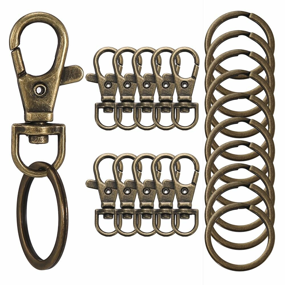 Карабин застежка 38 мм и кольца для ключей 25 мм, 20 шт в бронзе, набор фурнитуры для брелков, сумок и DIY украшений ручной работы