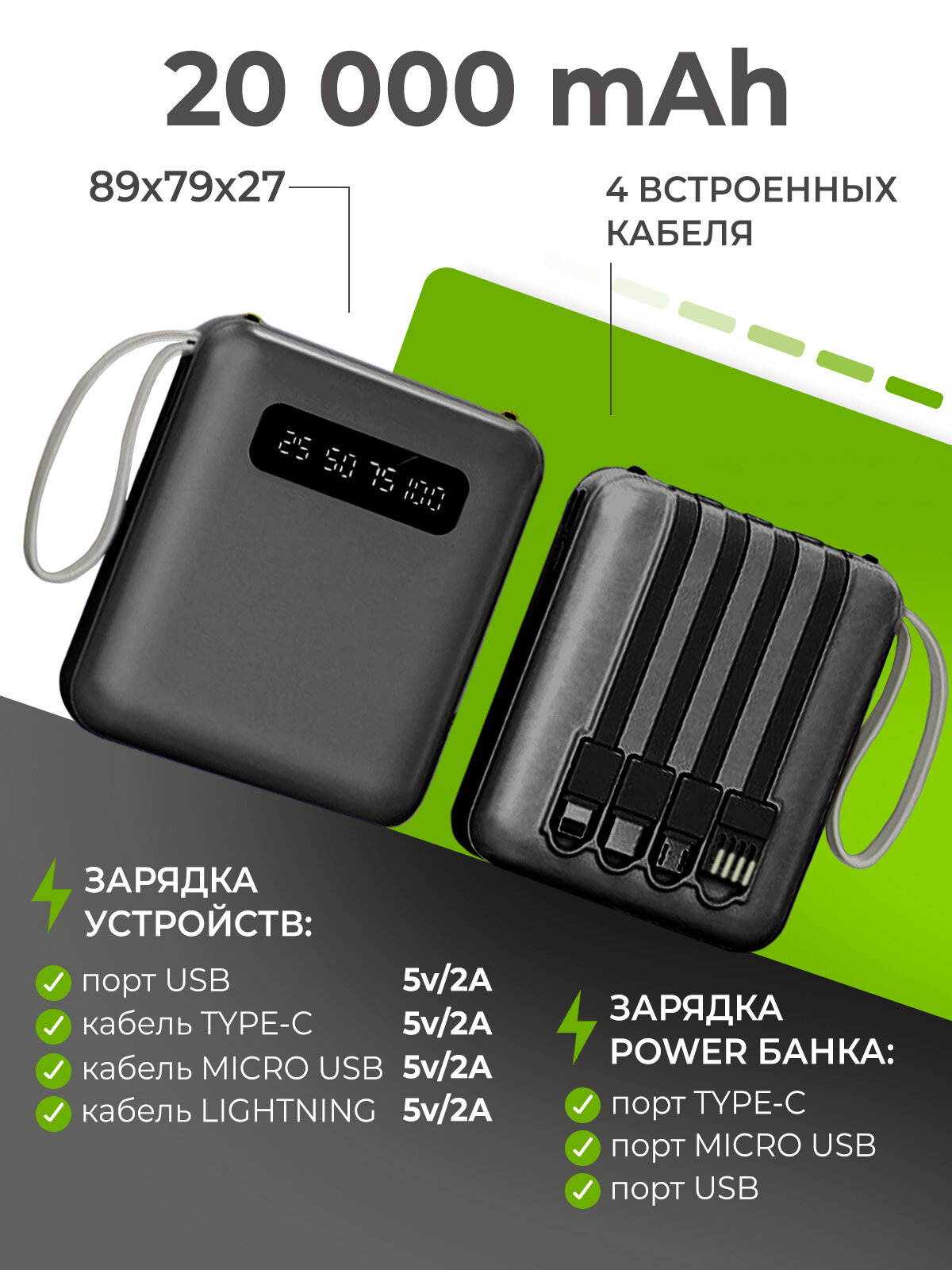 Повербанк 20000mAh (Powerbank) , внешний аккумулятор , портативный 20000mAh