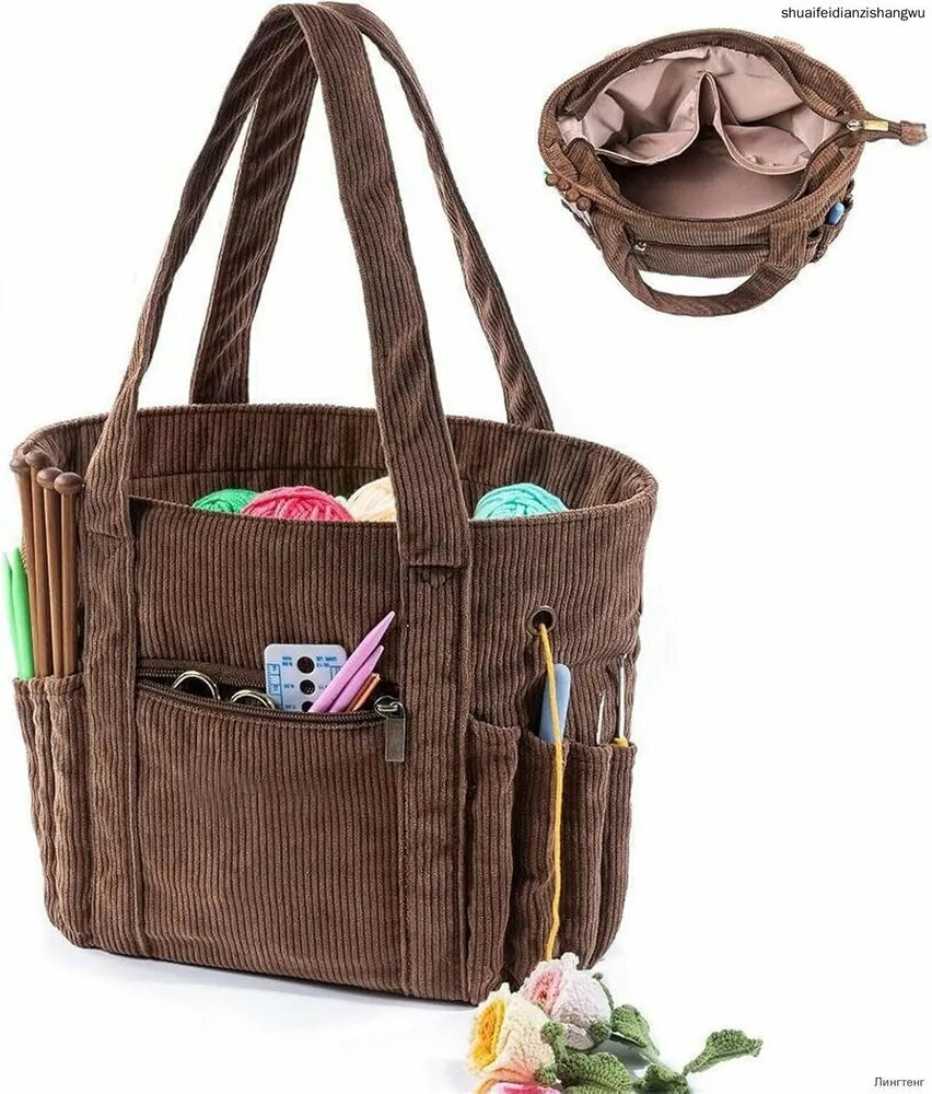 Клубочница / Модная вельветовая сумка органайзер для хранения вязания, пряжи, крючков и рукоделия, Универсальная сумка тоут женская, подарок для любителей вязания.