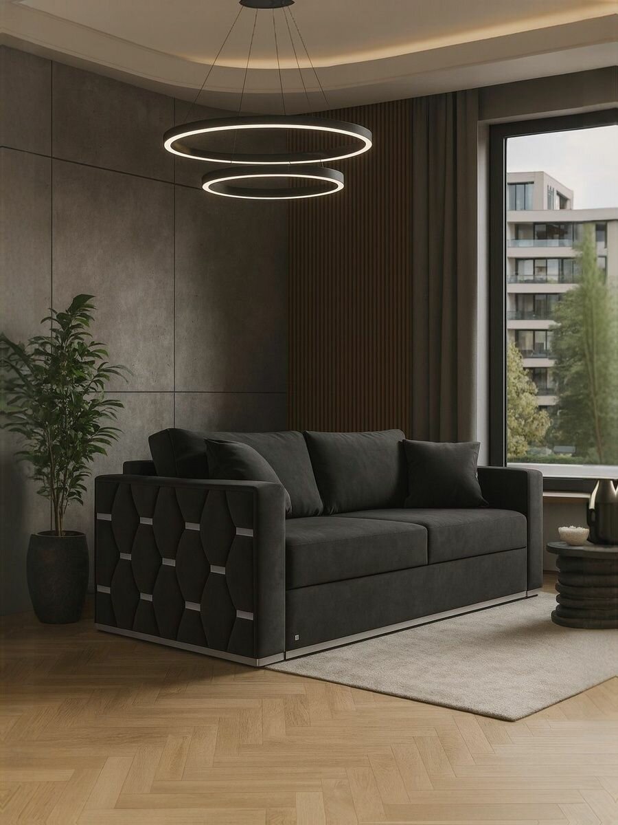 Прямой интерьерный диван NOTTE ESTETICA 235*110*82 см, натуральный велюр, механизм раскладной, темно-серый, с молдингом хром глянец, для гостинной.