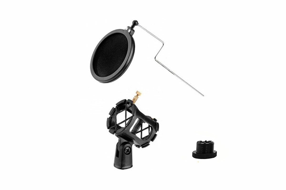 Поп-фильтр диаметром 10 см с пластиковым держателем микрофона "паук" D 2-4 см и переходником на резьбу 3/8"