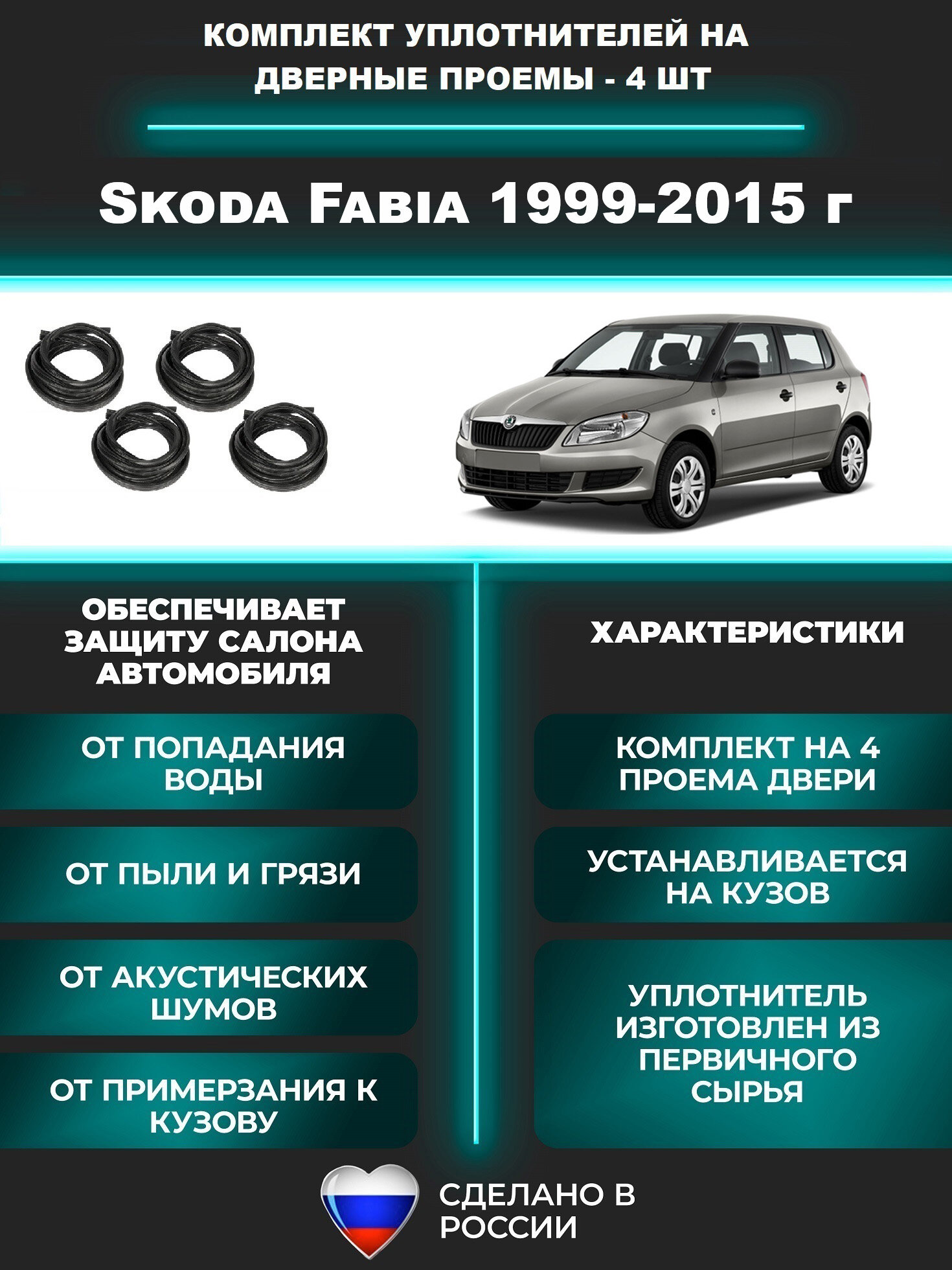 Комплект уплотнителей дверей на Skoda Fabia 1999-2015 г / Шкода Фабия, уплотнитель на 4 двери