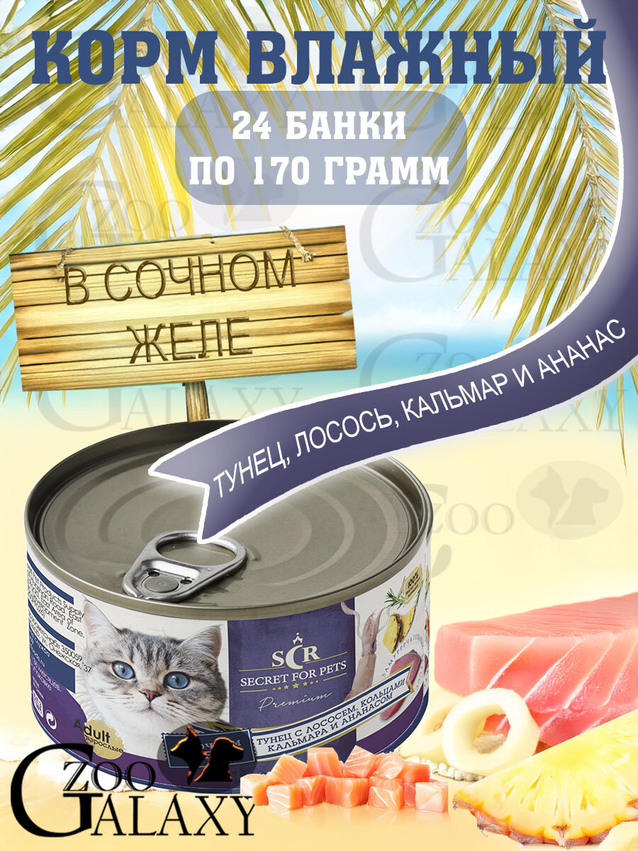 SECRET FOR PETS Консервы для кошек тунец, лосось, кальмар и ананас 24х170 г