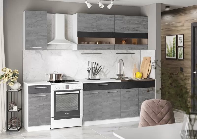 Кухня "Маша" 2,0м, ЛДСП белый/ бетонный-каменный уголь, ПФ антарес (б/сушки 800) NEW