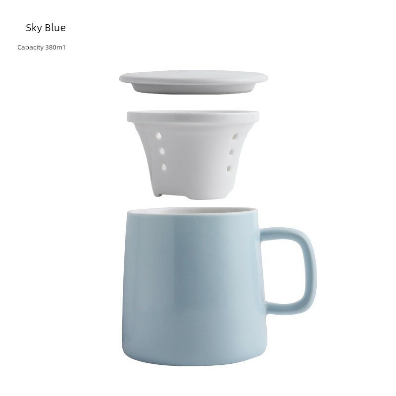 Светло-синяя простая керамическая чашка с чайным ситечком и крышкой без отверстий для заваривания чая, объем 300 мл