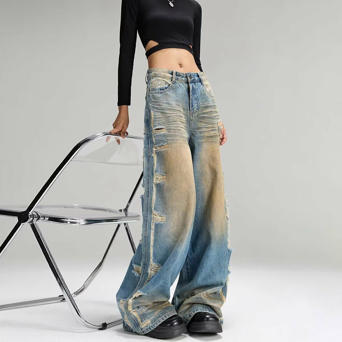 LI Mall Джинсы для танцевальной группы Девушки Просторные Устойчивые Хлопок