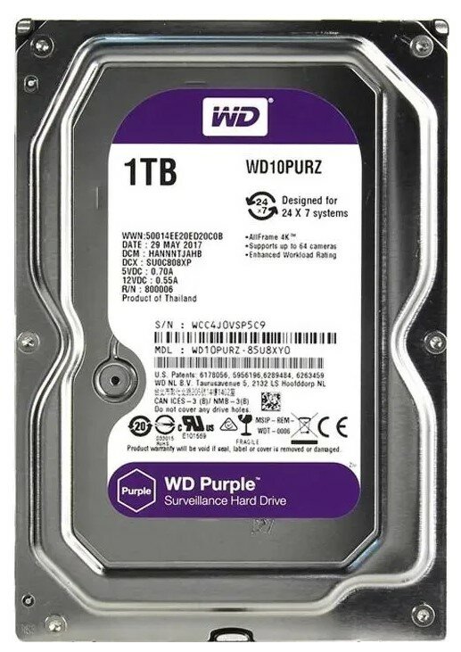 Жесткий диск SATA 1TB 6GB/S 64MB PURPLE WD10PURZ WDC