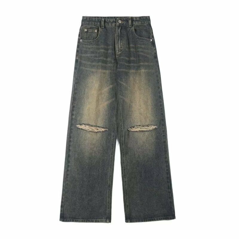 Тренд RONG CH Унисекс Джинсы Потертые Широкие Высокий Улица Буткют Деним, Размер_L