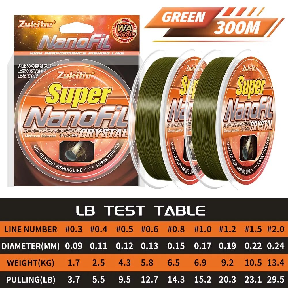 ZUKIBO Nanofil Зелёная рыболовная леска 0.19mm 9.2kg 20.3LB, 300m Army Green