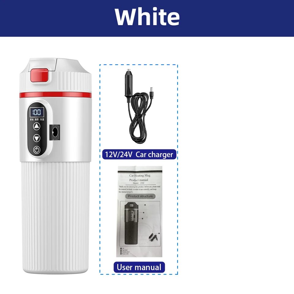 E-ACE 500 мл электрический автомобильный чайник с подогревом 12 В/24 В, чашка с подогревом из нержавеющей стали, быстрый нагрев для внедорожника, грузовика, автофургона, кемпинга, путешествий White