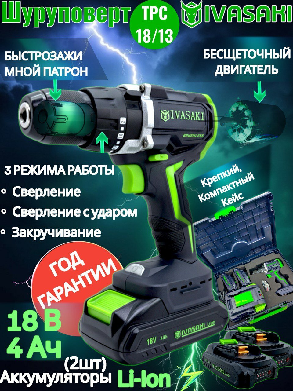 Шуруповерт IVASAKI Pro 18V 2 АКБ 1 ЗУ оригинал