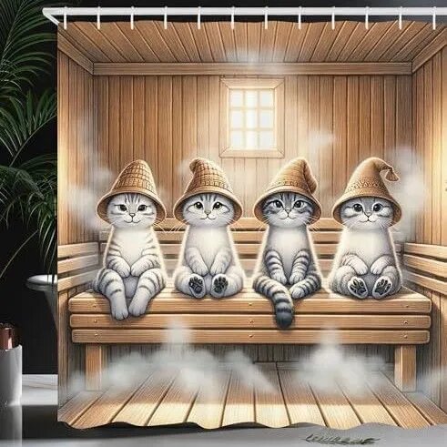 Штора для ванной тканевая 120x180 см с изображением милых котиков в сауне из полиэстера