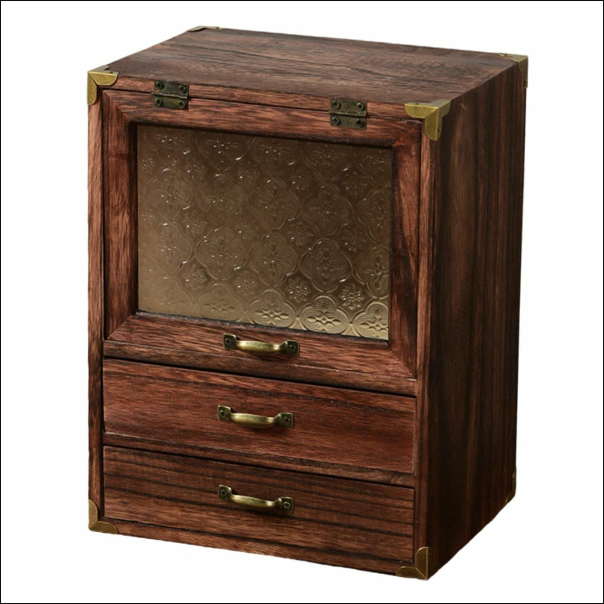 Винтажный органайзер для спальни и туалетного столика, выполненный из стекла и дерева, предлагает премиум вместительность для вашей косметики