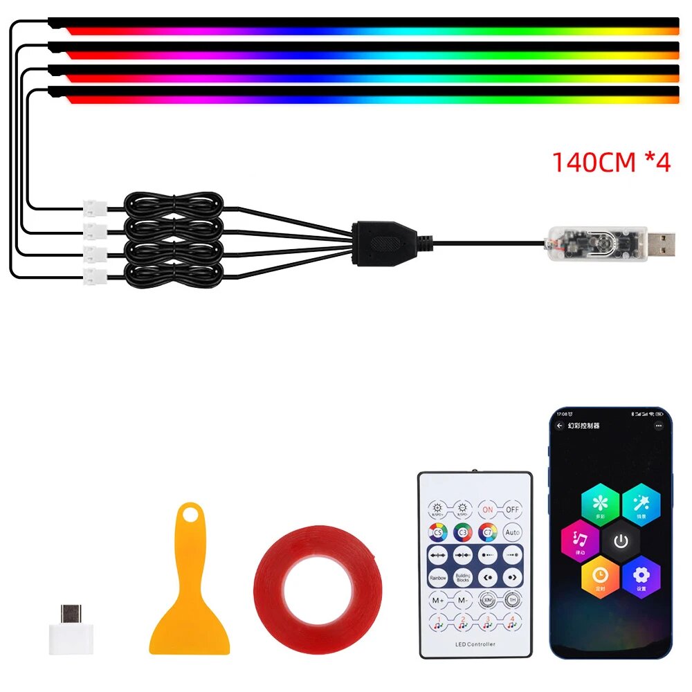 Автомобильный светодиодный RGB подсветка 68 цветов 110 см 4in1 Symphony 140cm