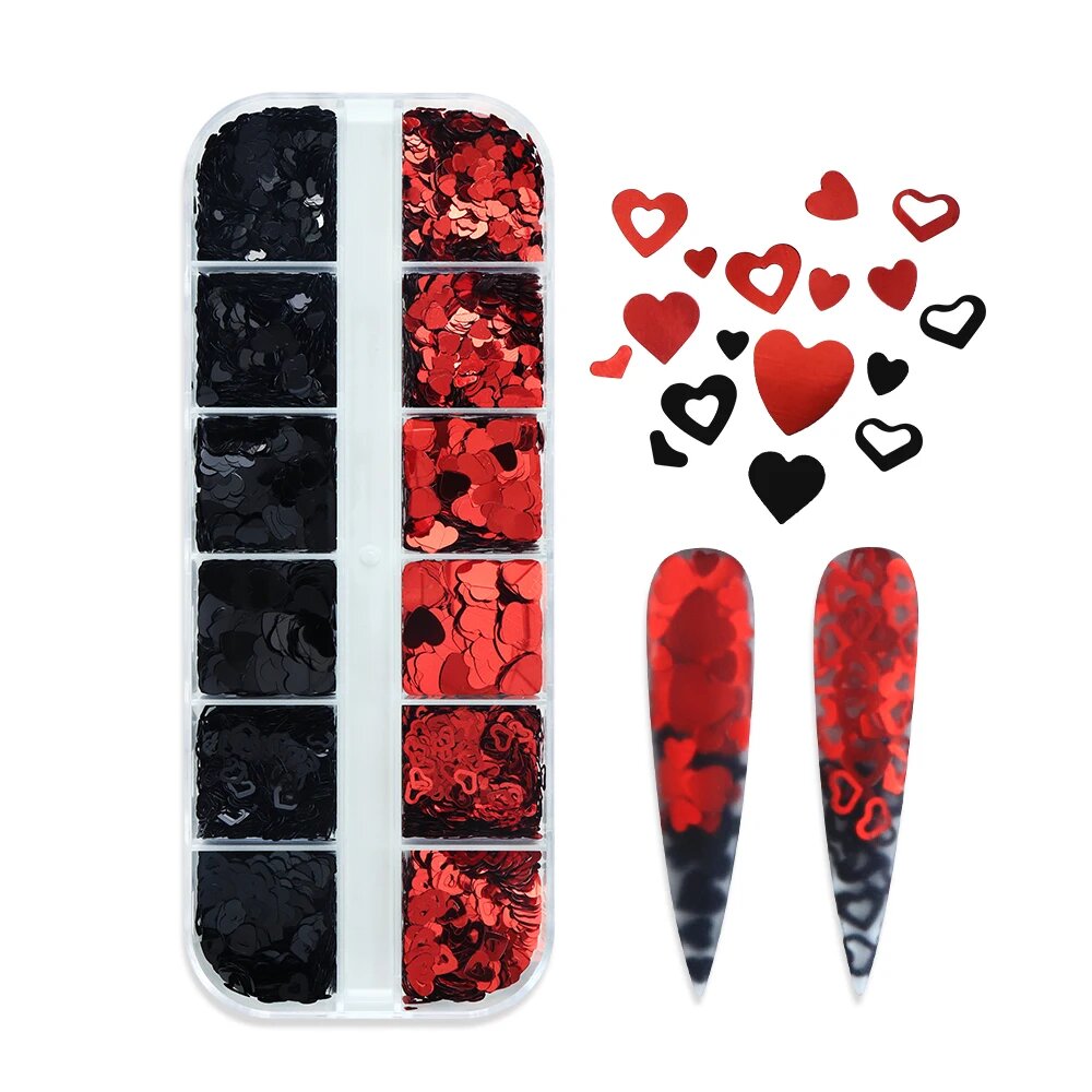 Красные, черные сердечки любви, блестящие украшения для ногтей, блестящие сердечки, маникюрные подвески с блестками, черный стиль, аксессуары для дизайна ногтей на день Святого Валентина