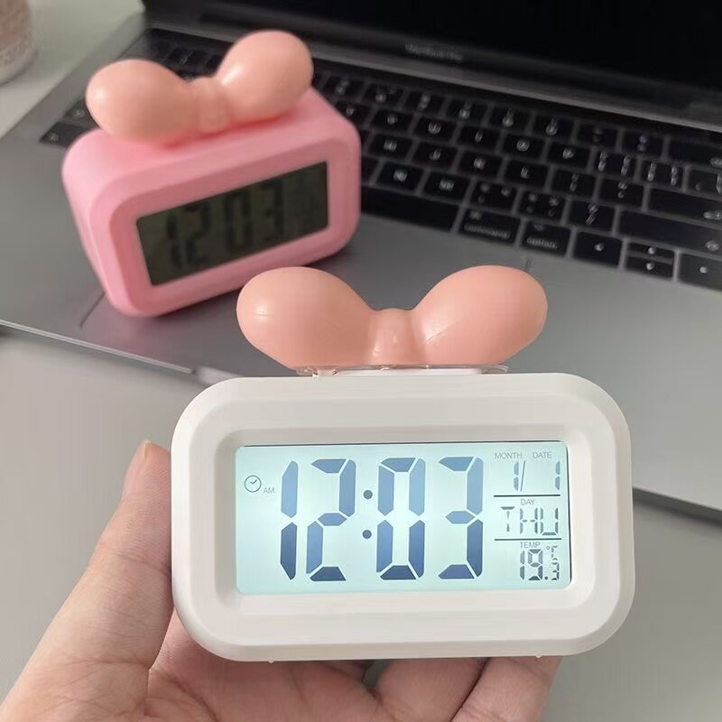 Будильник с милым бантиком, настольная многофункциональная часовая стрелка, белый, тип батареи