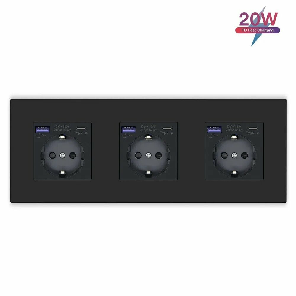 Розетка электрическая тройная с USB и type-C входами, быстрая зарядка 20W, рамка PC пластик Черная