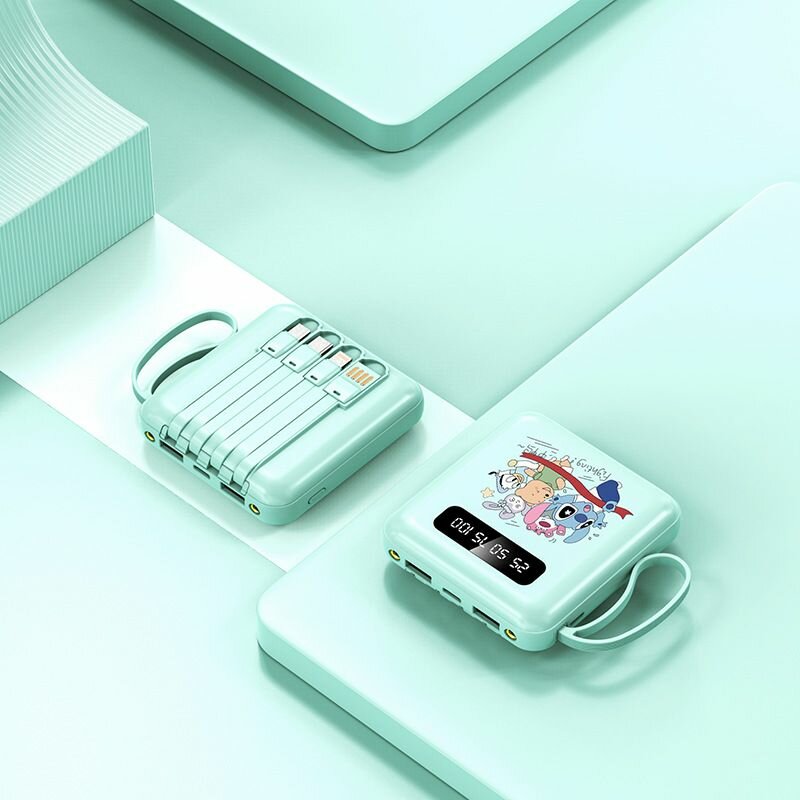 Внешний аккумулятор с картинкой Disney 4в1 10000 mAh, Powerbank Fast Charue 4 входа: TYPE-C, lightning, USB, microUsb, Мятный Стич, Винни