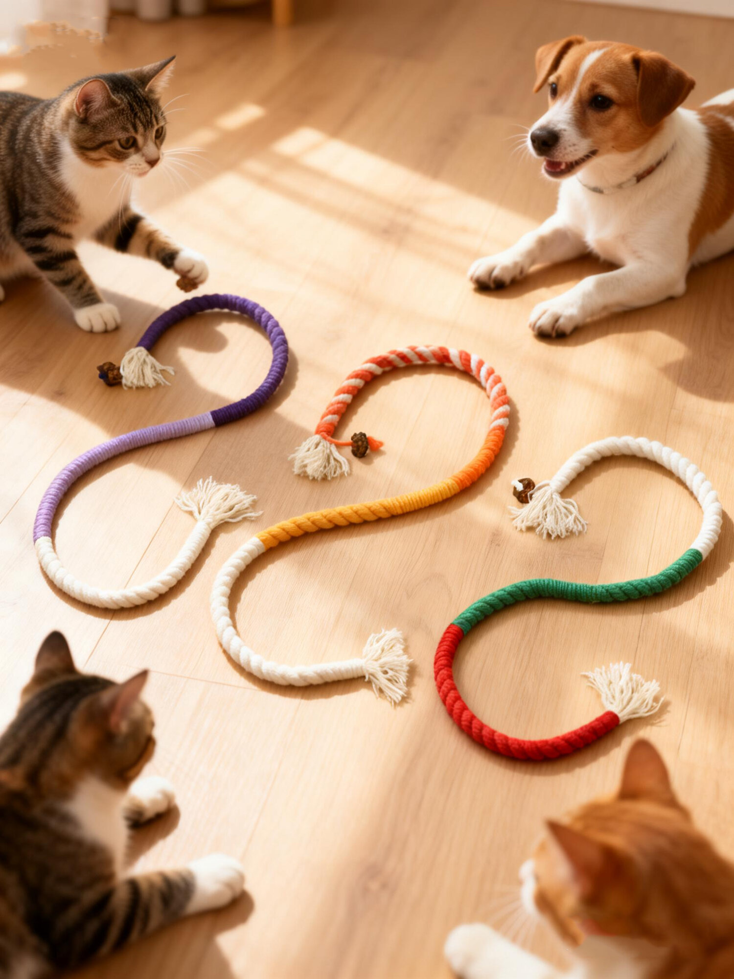 Кот грызет веревку, скрежещет зубами и дразнит кошку, чтобы развеять скуку. Набор игрушек, 3 шт.